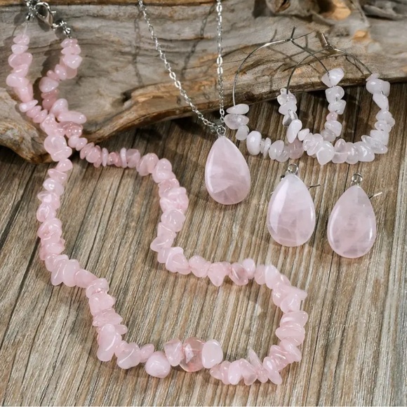 Jewelry | 6piece Natural Rose Quartz Crystal Stone Boho Stainless Steel ...